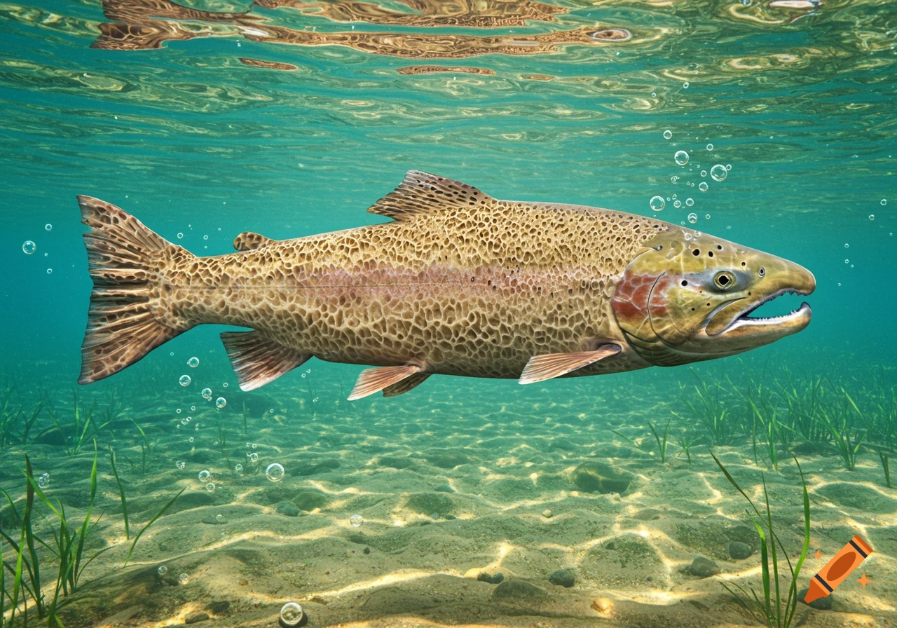 A detailed brown salmon fish with a textured body resembling a Morel ...