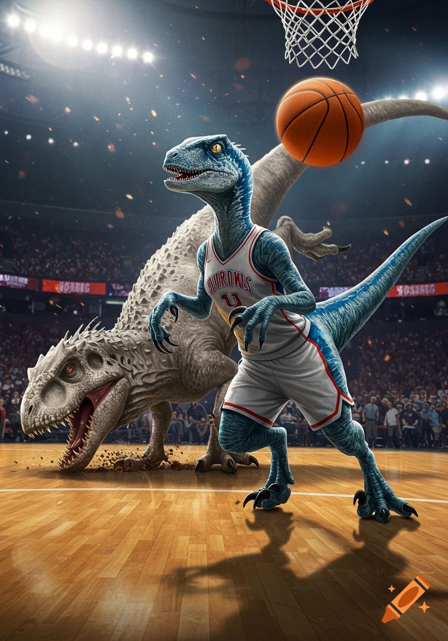 Young boy with Down Syndrome dunks a basketball during a game. on Craiyon