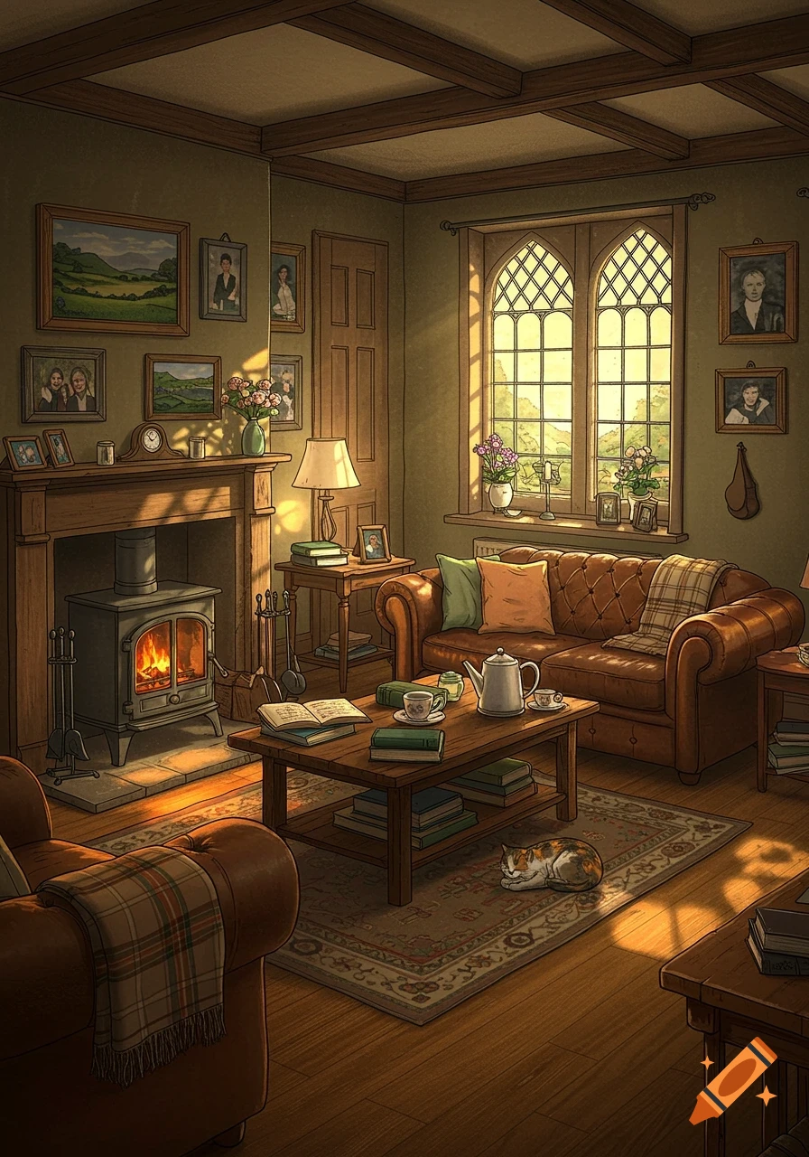 A warmly lit, cozy living room illustration with a crackling fireplace ...