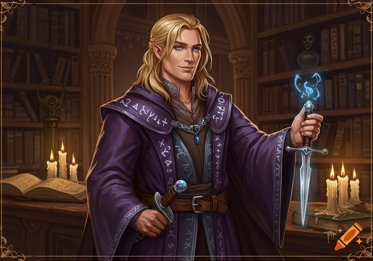 A blond male elf wizard with blue eyes in a purple robe stands in a ...