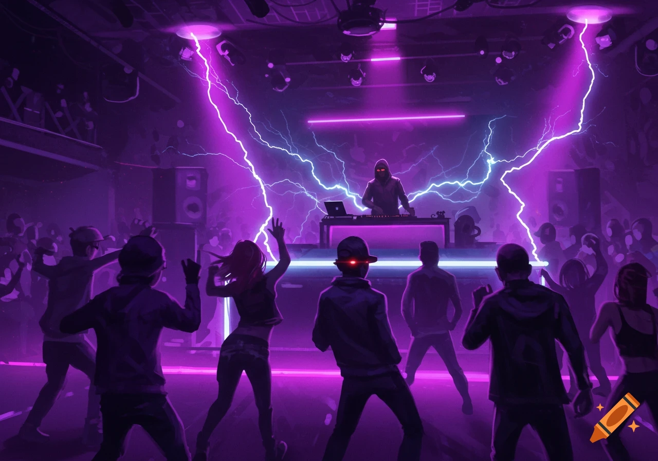 A vibrant digital art illustration of a DJ performing with purple ...