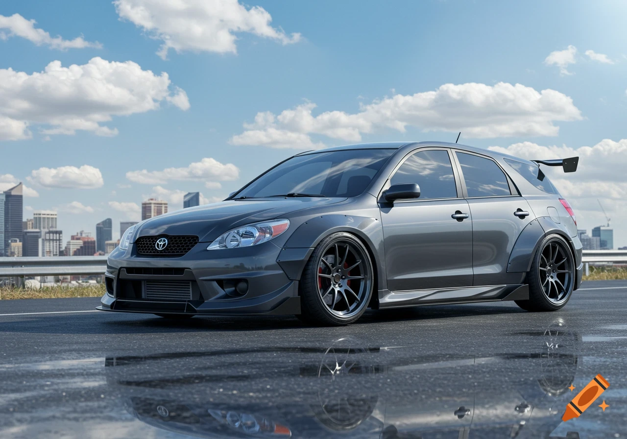 A dark grey widebody Toyota Matrix XR with a large spoiler parked on a ...