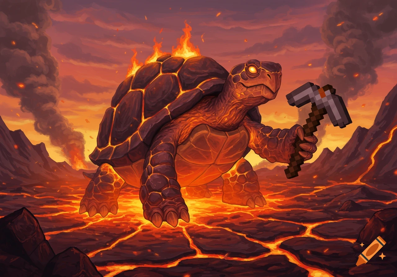 A fiery lava turtle standing on cracking volcanic ground, holding a pixelated Minecraft pickaxe ...