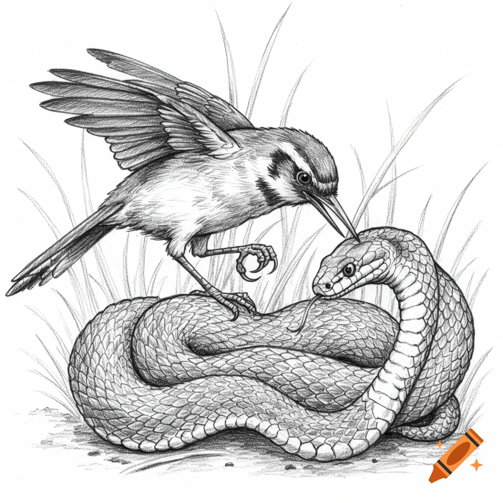 A detailed pencil sketch of a small bird pecking at the eye of a coiled ...