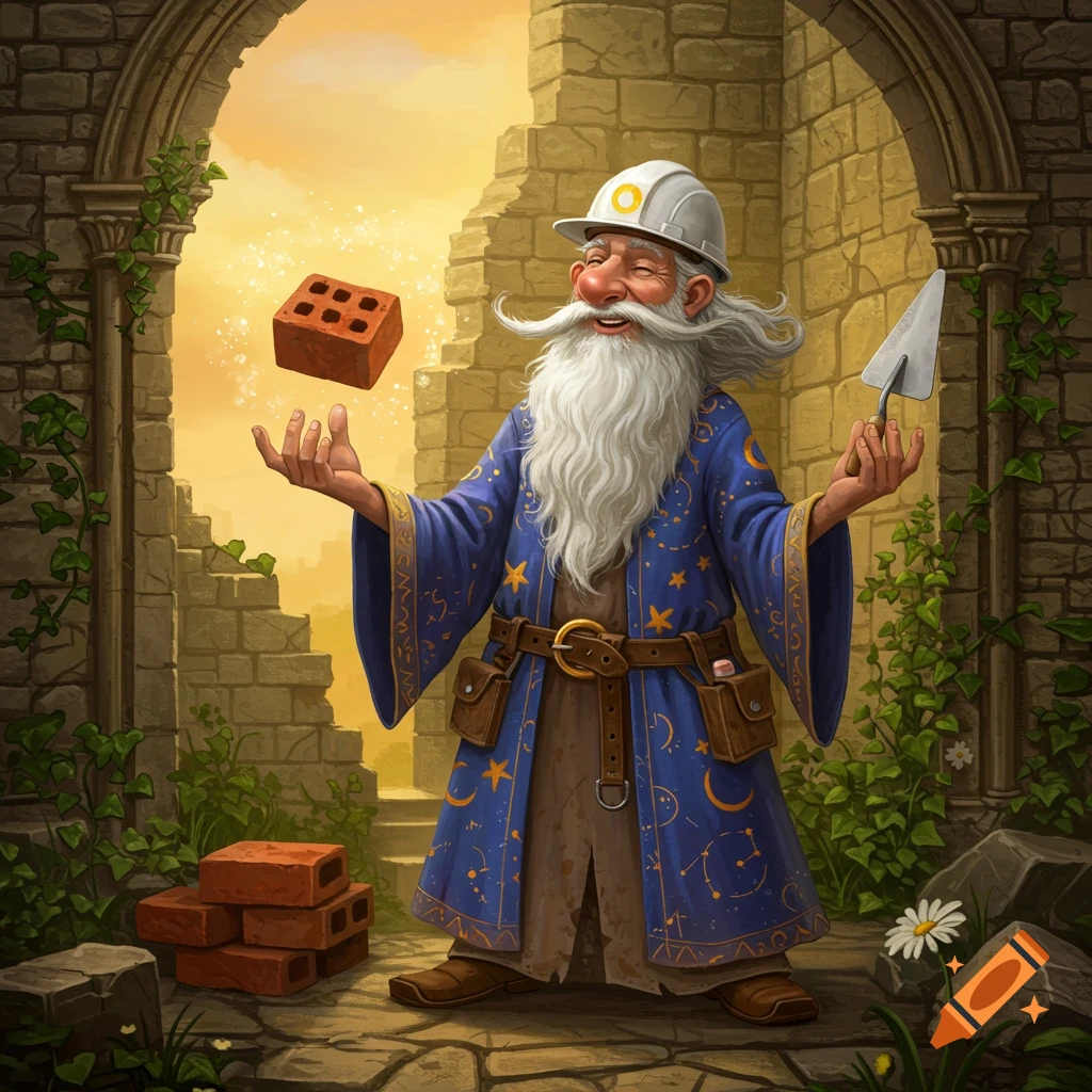 A smiling old wizard in a hard hat levitates a brick, holding a trowel ...