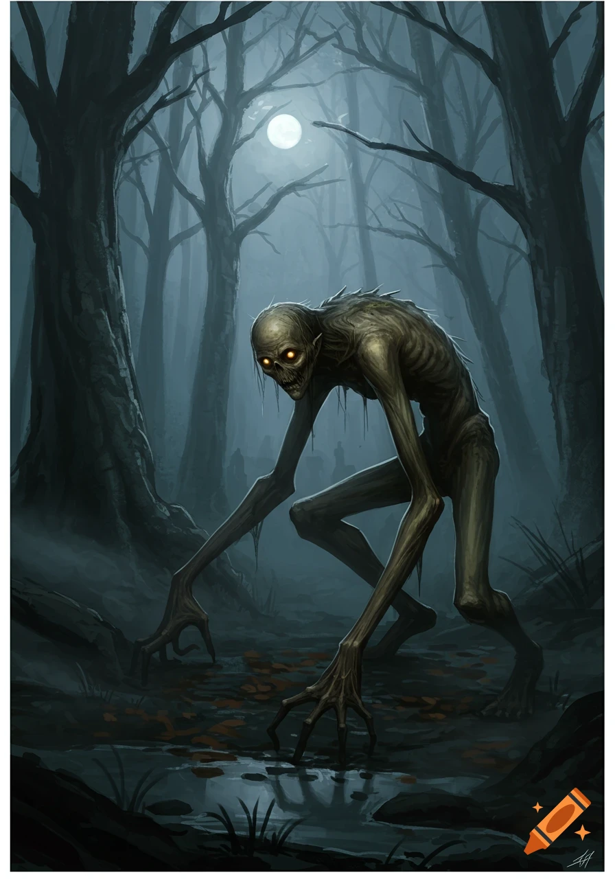 A gaunt, monstrous creature with spiky hair and glowing eyes stands in a misty swamp under a ...