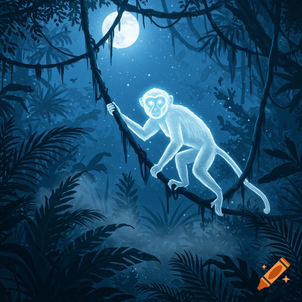 An ethereal glowing monkey climbs on vines in a dark, moonlit jungle ...