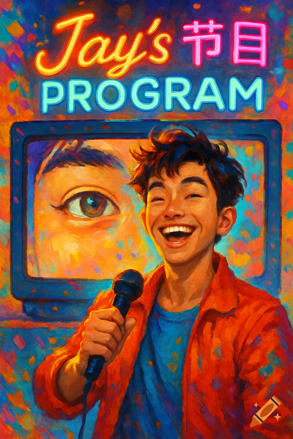 Vibrant digital painting of a joyful young man singing into a ...