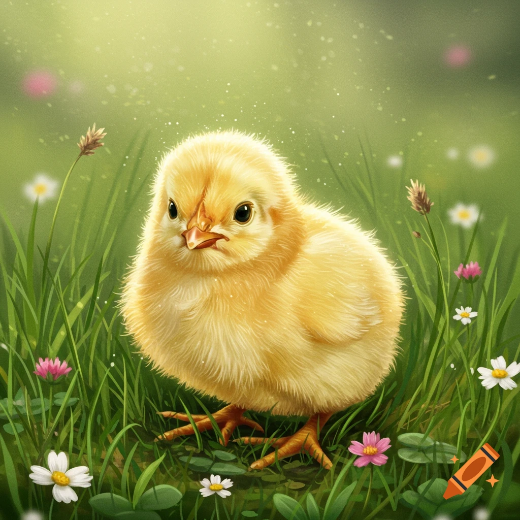 A fluffy yellow chick stands in a field of green grass and white daisy ...