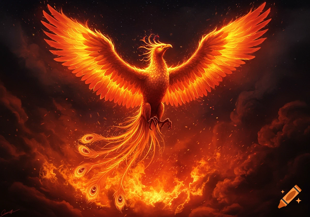 A vibrant, fiery phoenix with outstretched wings rises from a mound of ...