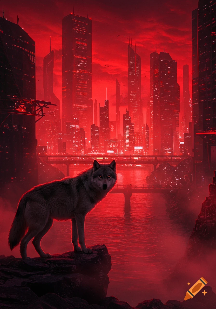 A muscular, neon blue and purple wolf stands on a rooftop overlooking a ...