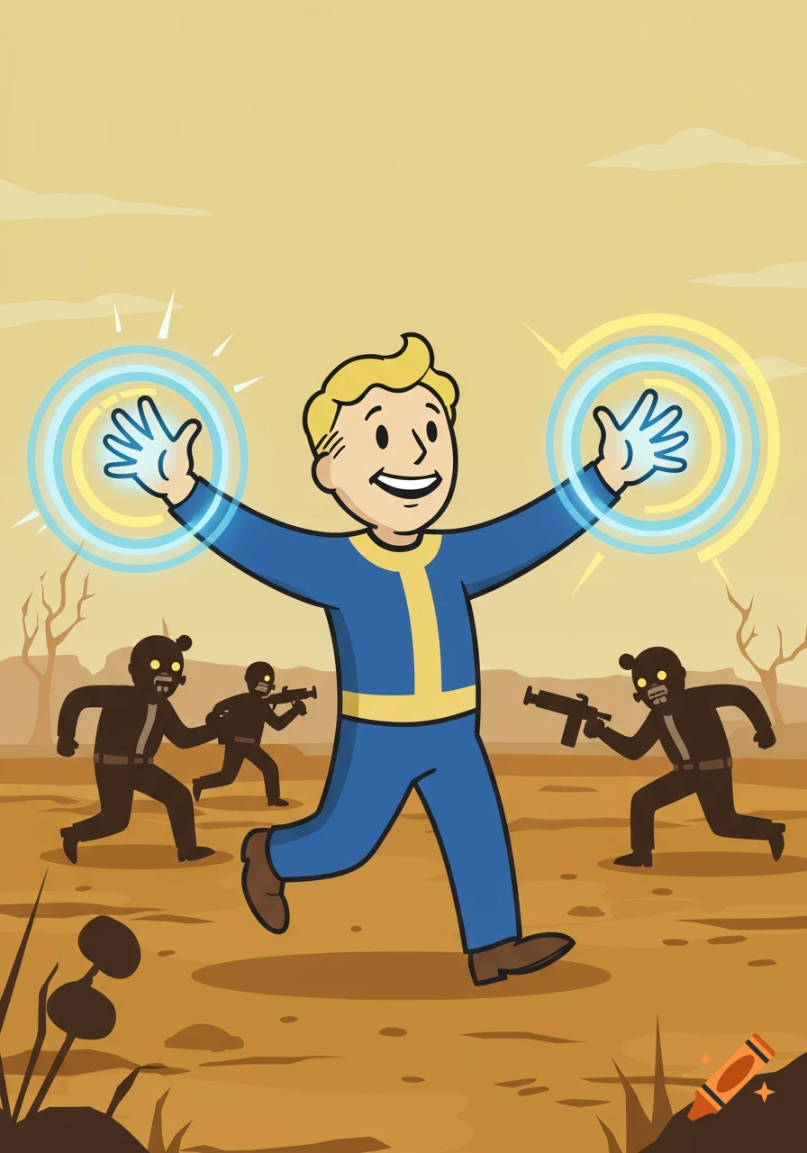 Cartoon Vault Boy with glowing hands running from shadowy raiders in a ...