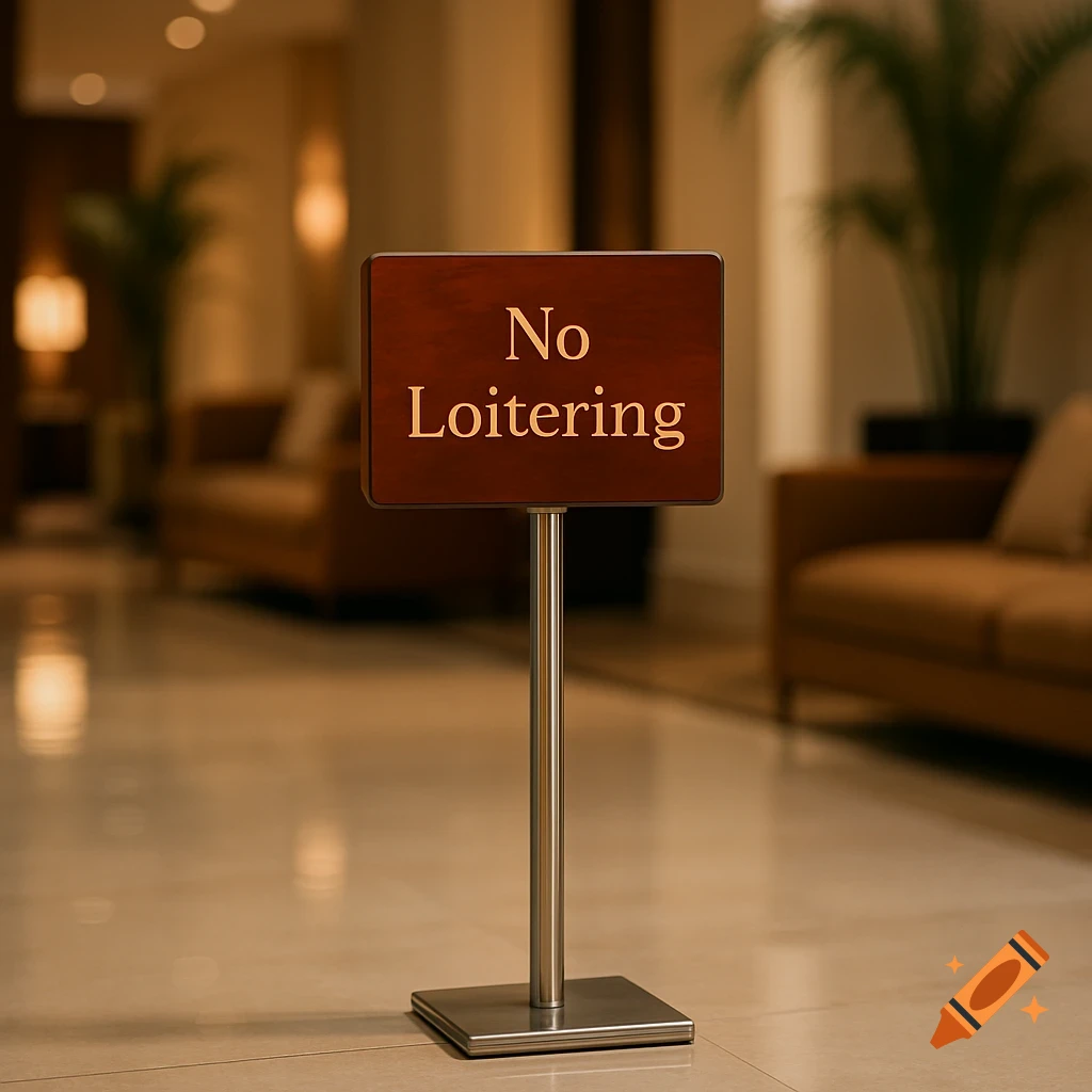 A 'No Loitering' sign on a stand in a blurry hotel lobby with sofas and ...