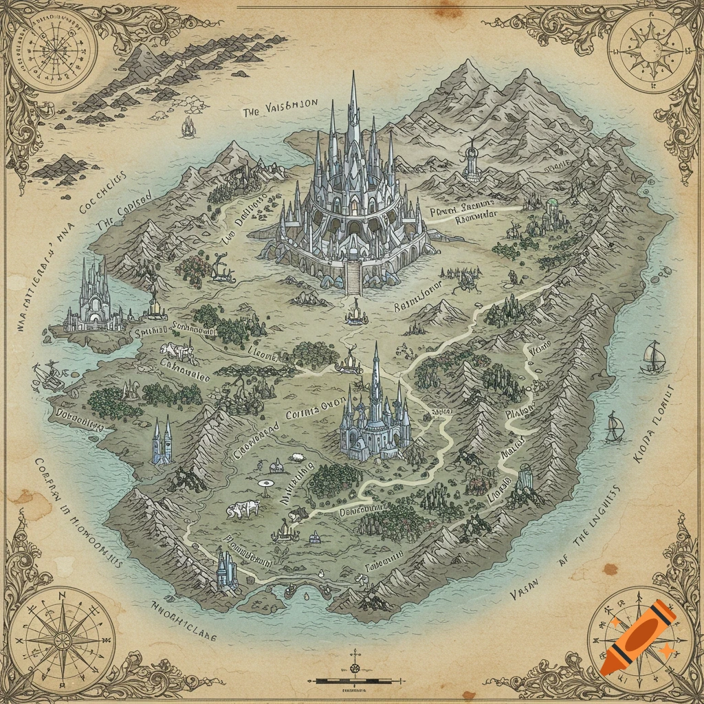 A vintage-style battlefield map with gold lines and text on a dark ...