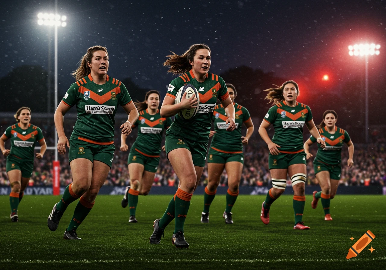 A female rugby team plays on a floodlit field at night, one player runs ...