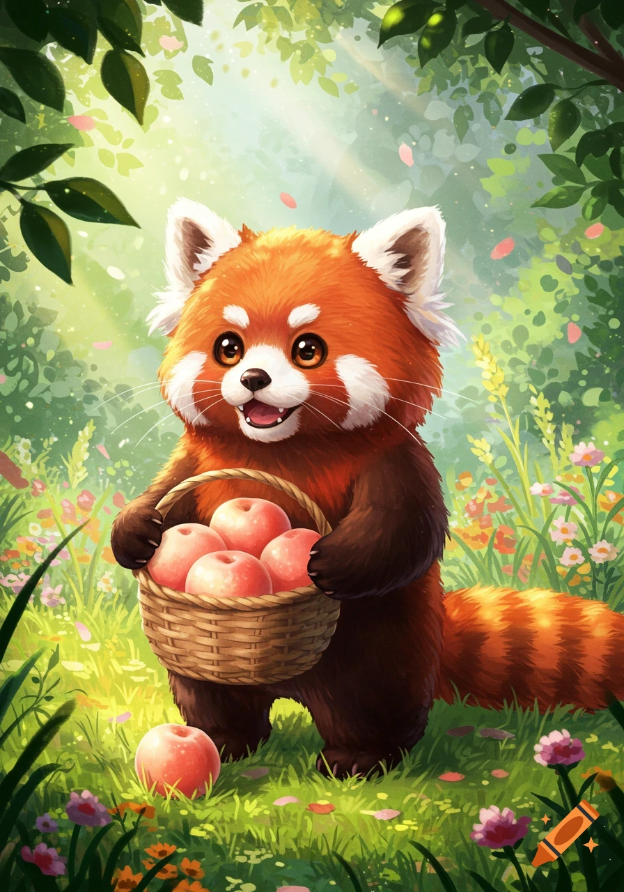 A cute red panda holds a basket of peaches in a vibrant, sunlit forest ...
