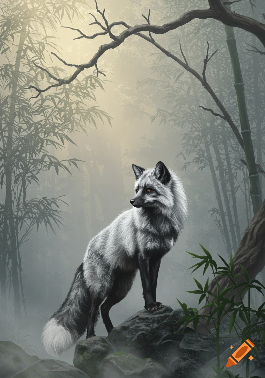 A majestic silver fox stands on rocks in a misty bamboo forest, looking ...