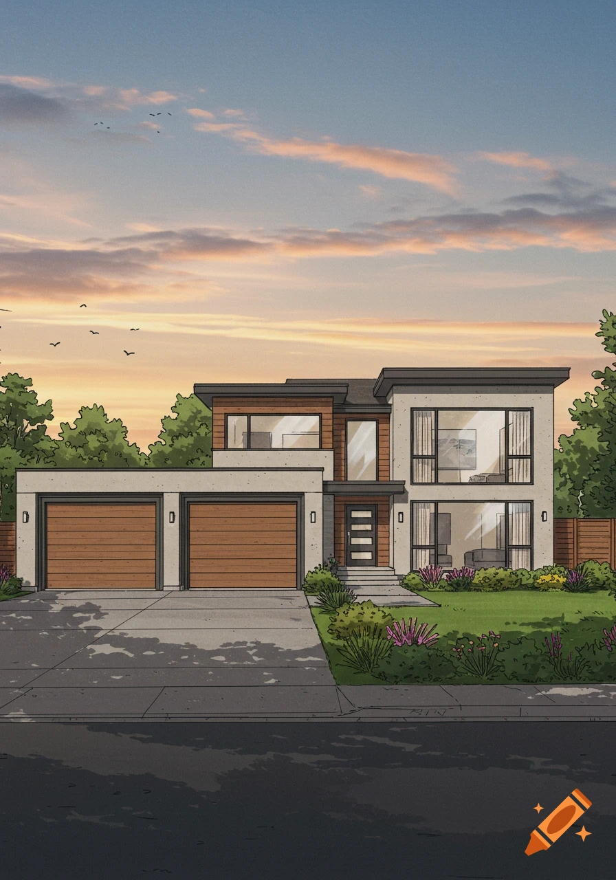 A modern house with three classic muscle cars in the driveway. Two ...