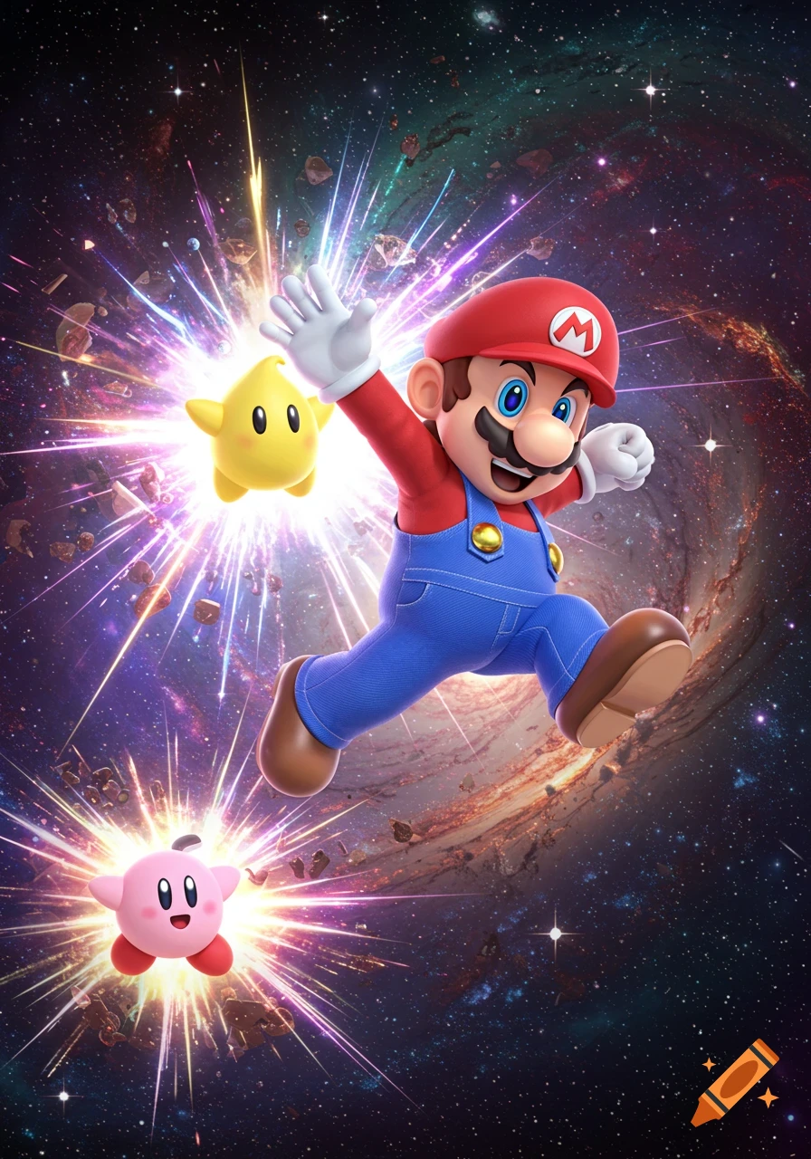 Mario, Luma, and Kirby leap through a vibrant, star-filled galaxy ...