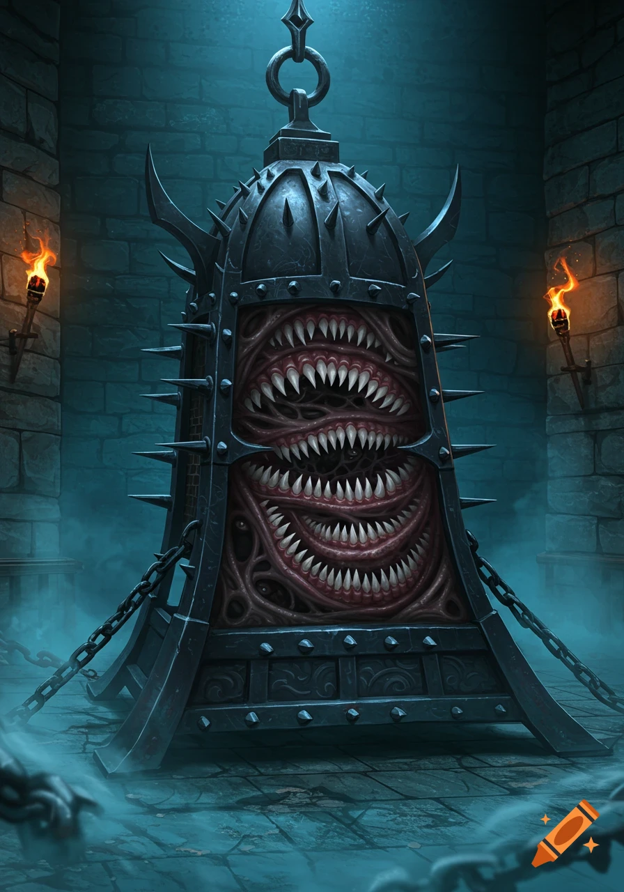 A dark, eerie tunnel resembling a creature's maw, lined with sharp ...