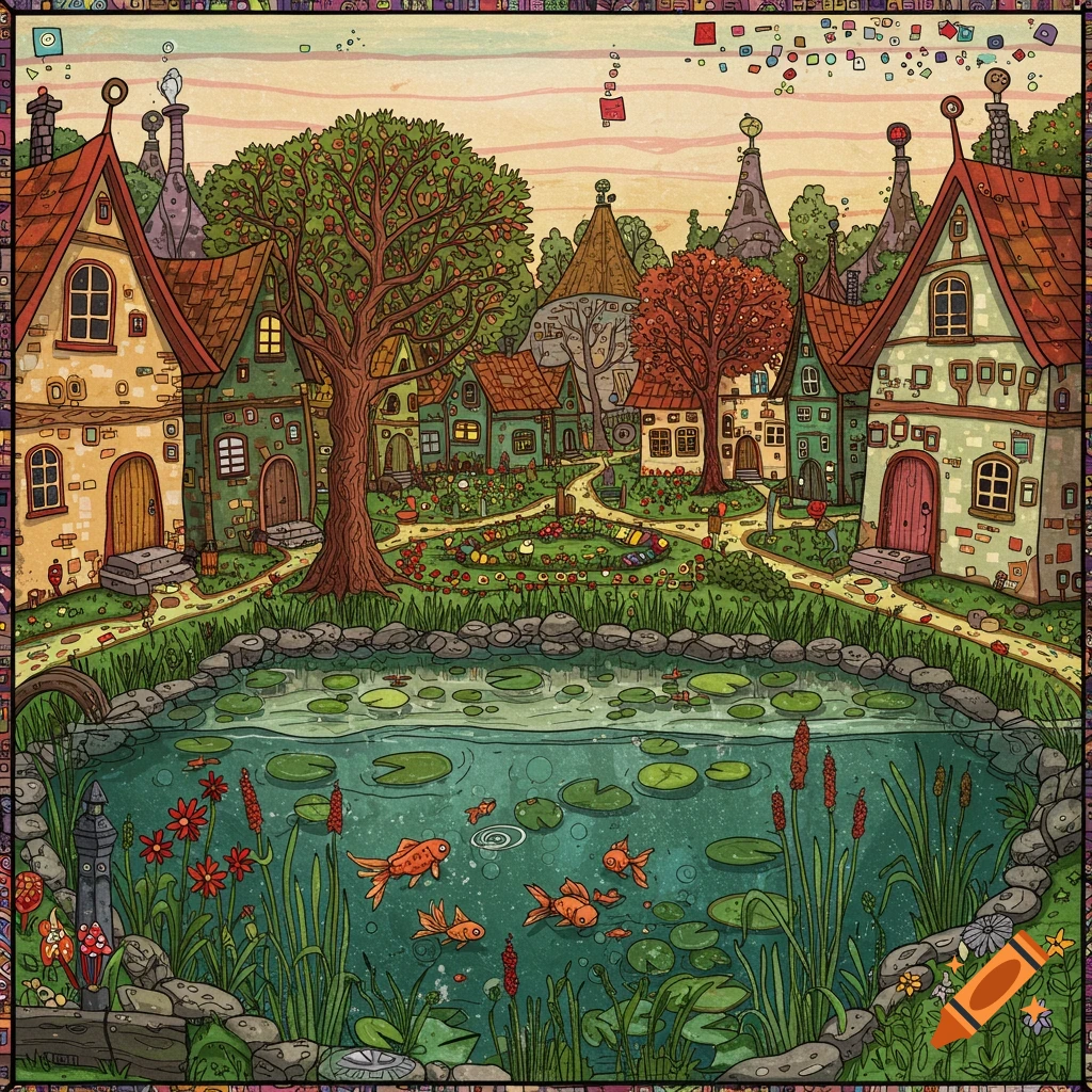 An intricate, vibrant illustration of a peaceful village with colorful ...