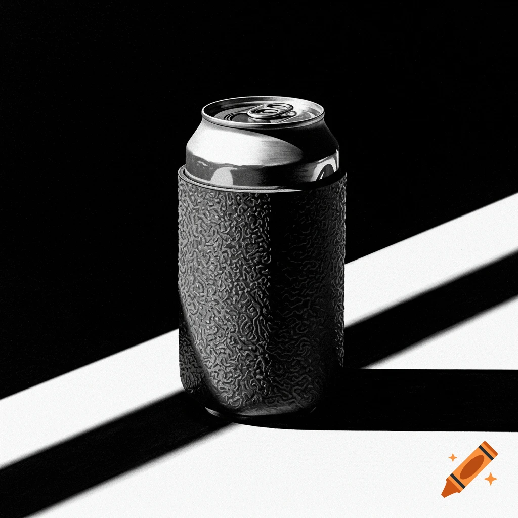 A black and white photorealistic image of a beer can in a textured ...