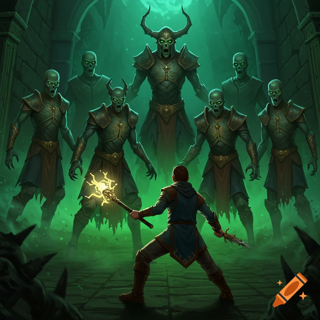 A cloaked hero with a glowing staff and dagger confronts multiple armored undead creatures in a ...