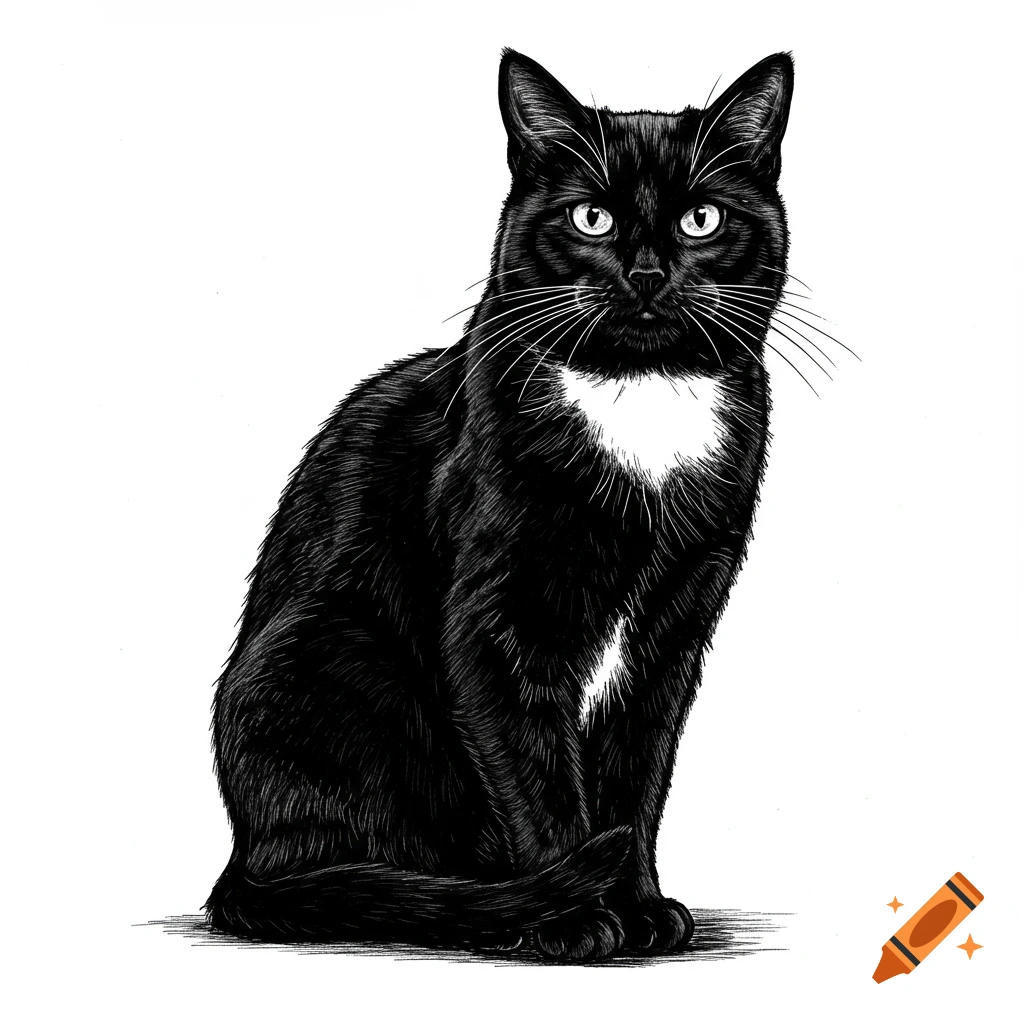 Sitting black cat with a white chest, front view, drawn in a high ...
