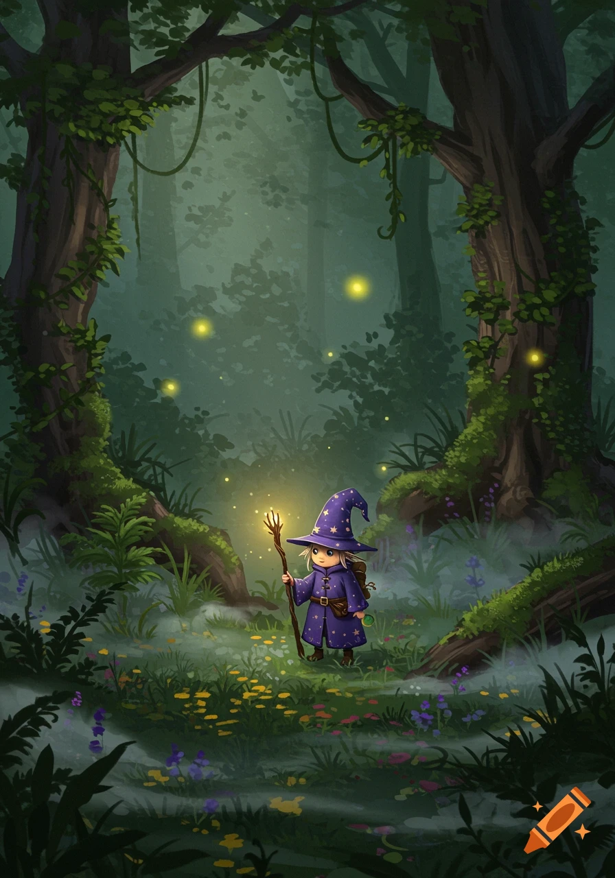 A cheerful cartoon wizard with a long white beard and purple hat sits ...