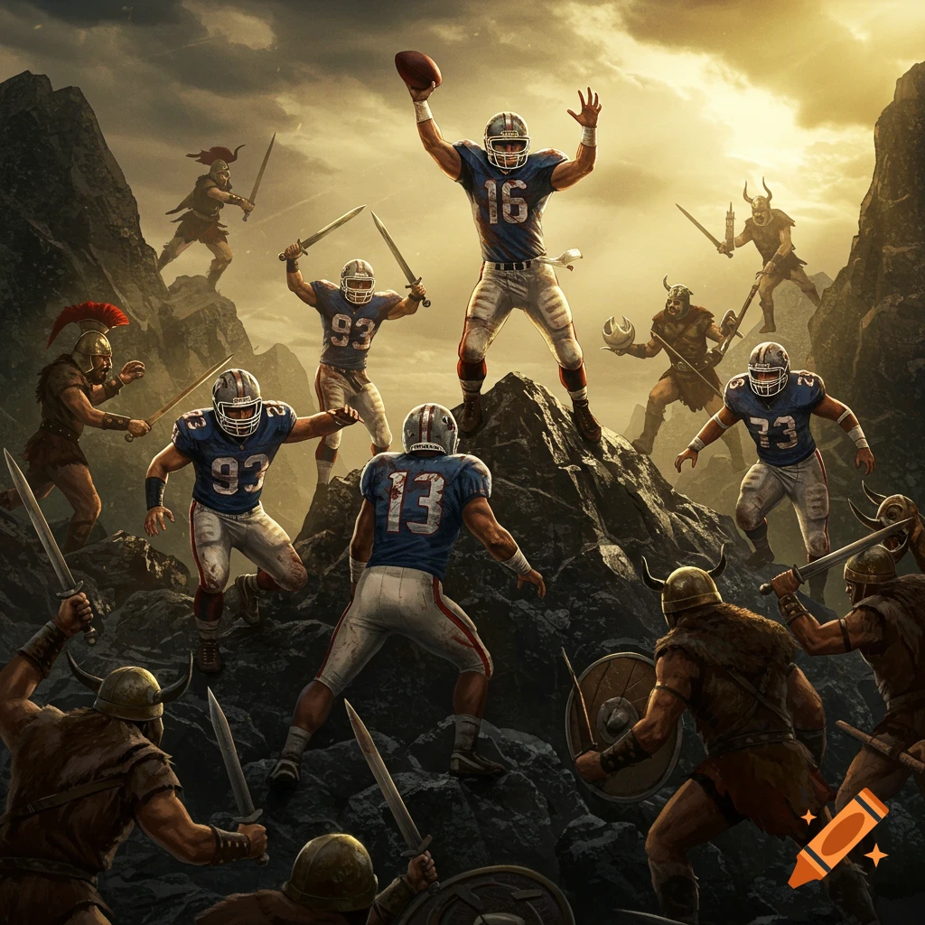 Football players in blue jerseys fight barbarians with swords on a ...