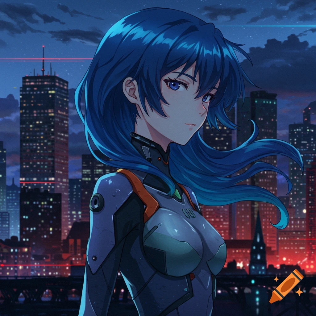 Anime girl with long blue hair and a sci-fi suit stands against a ...