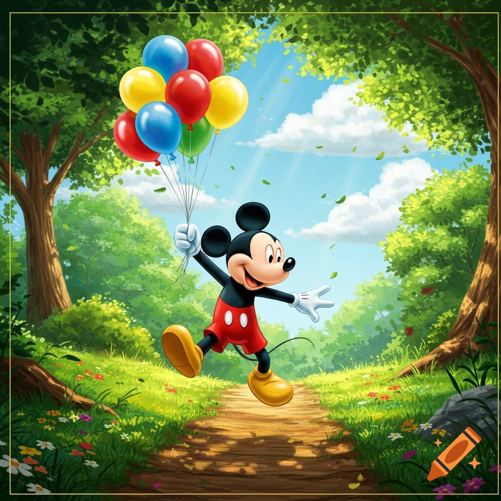 Mickey Mouse walks on a sunlit brick path, holding a closed red ...
