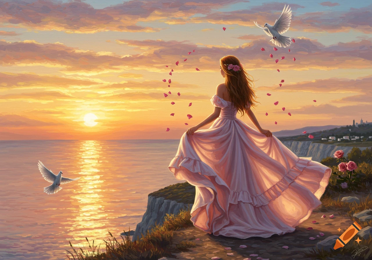 A woman in a pink dress watches a sunset over the sea from a cliff ...