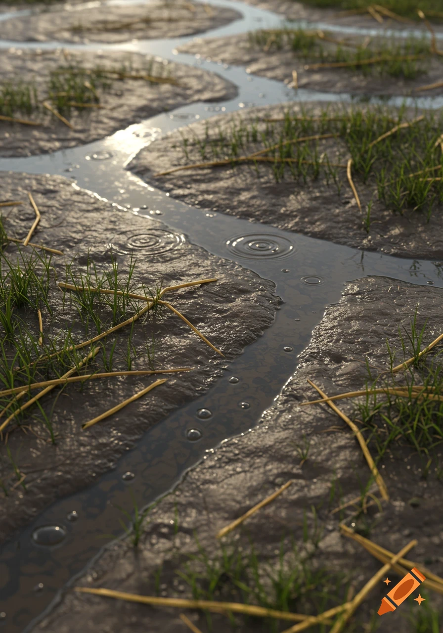 Close-up of muddy ground with winding water channels, green grass, and ...