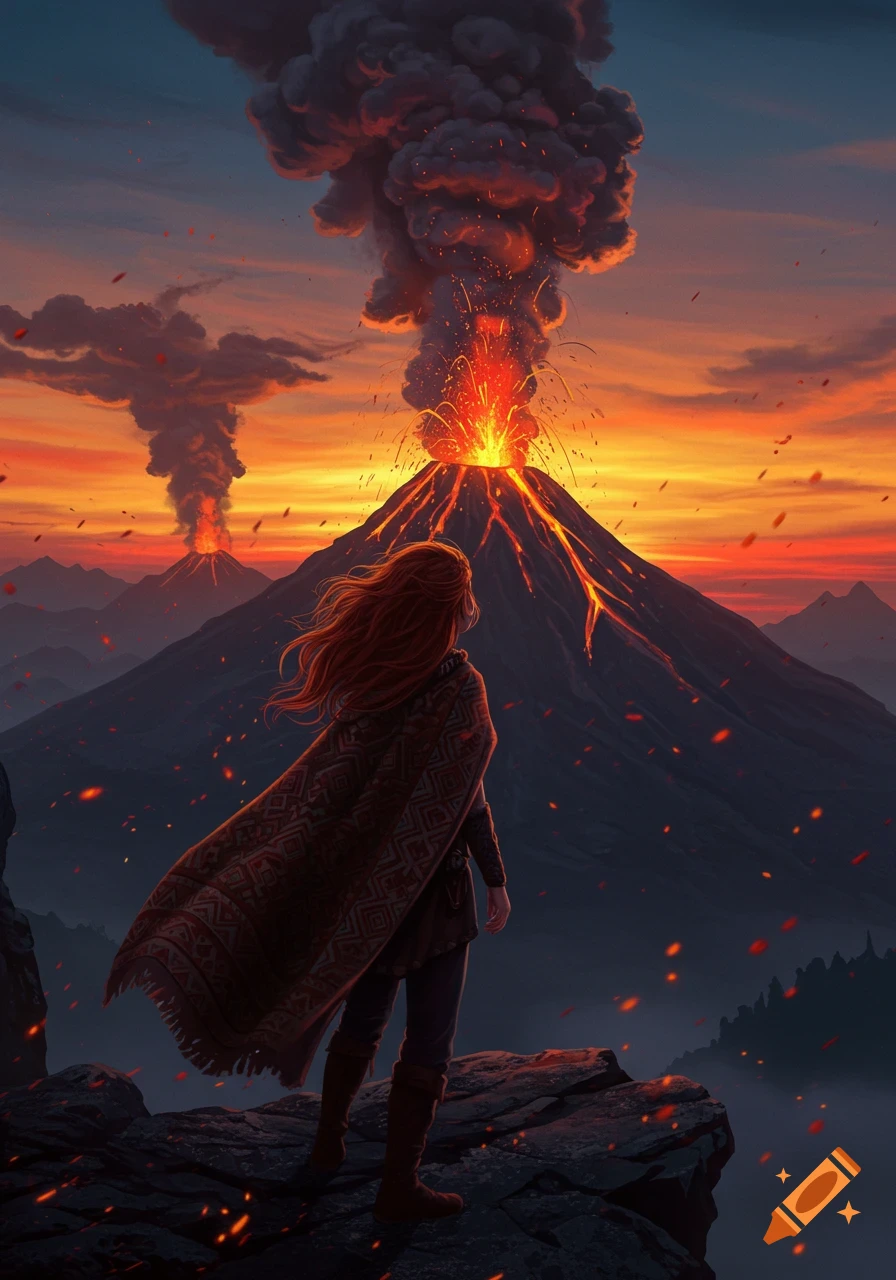 A woman in a patterned cloak stands on a rocky cliff overlooking ...