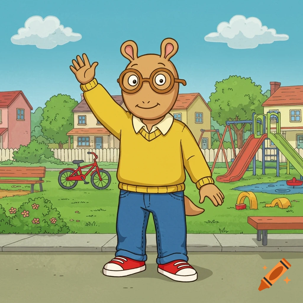 Arthur, the aardvark cartoon character, waves in a colorful park scene with houses and a ...
