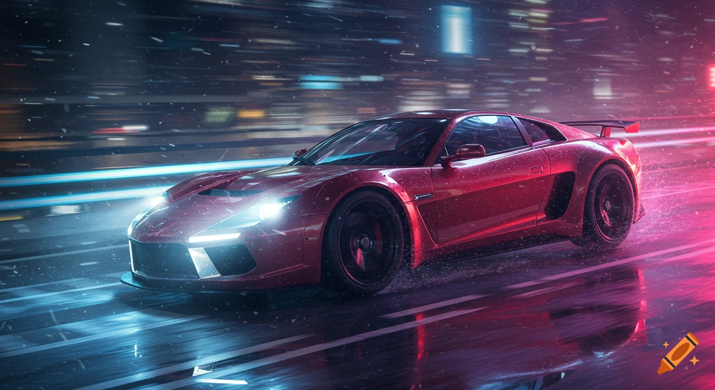 A red sports car races down a wet city street at night, illuminated by ...