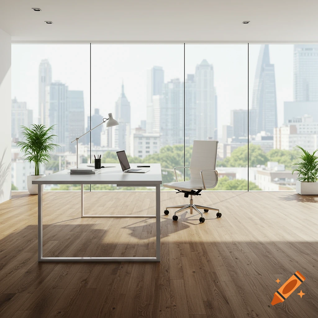 A modern office space with a white desk, chair, and large windows ...