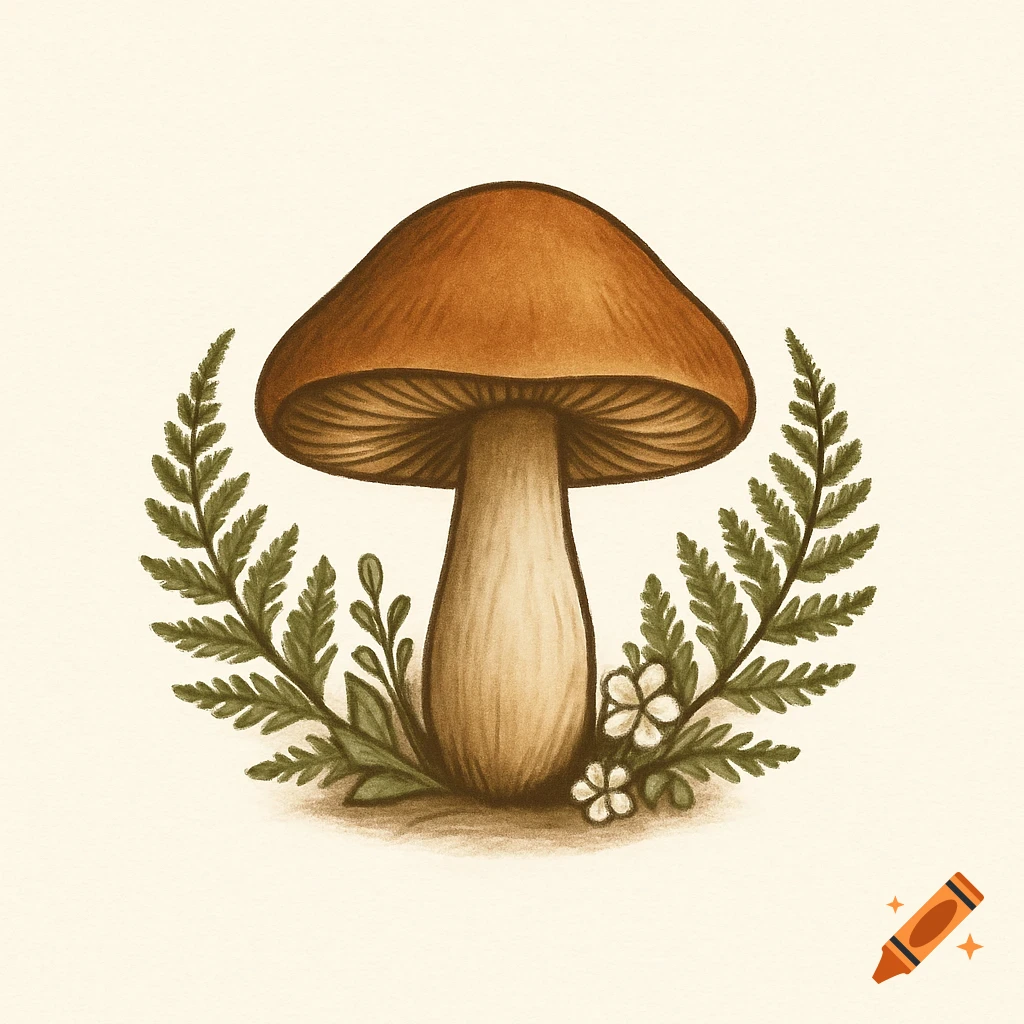 Watercolor illustration of a brown mushroom with green ferns and small ...