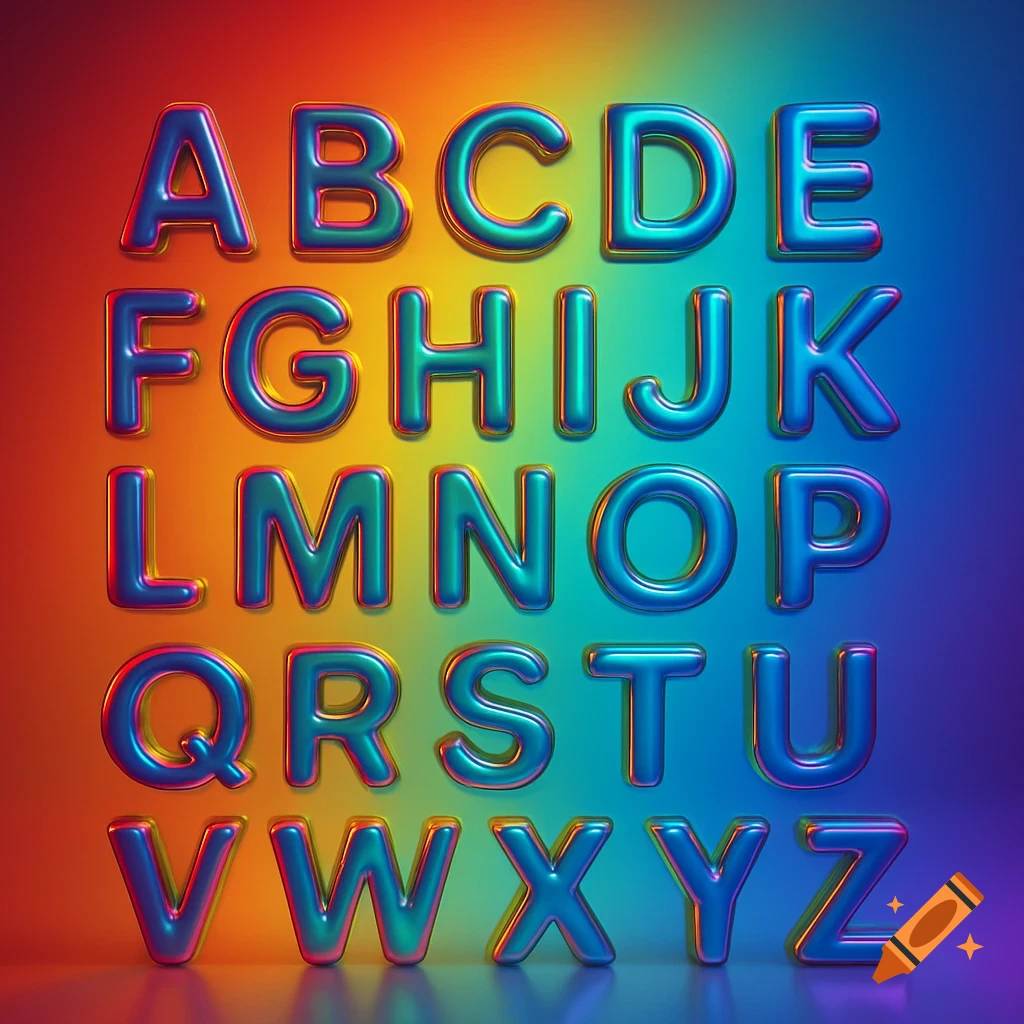 Glossy, iridescent 3D letters of the English alphabet (A-Z) arranged on a rainbow gradient ...
