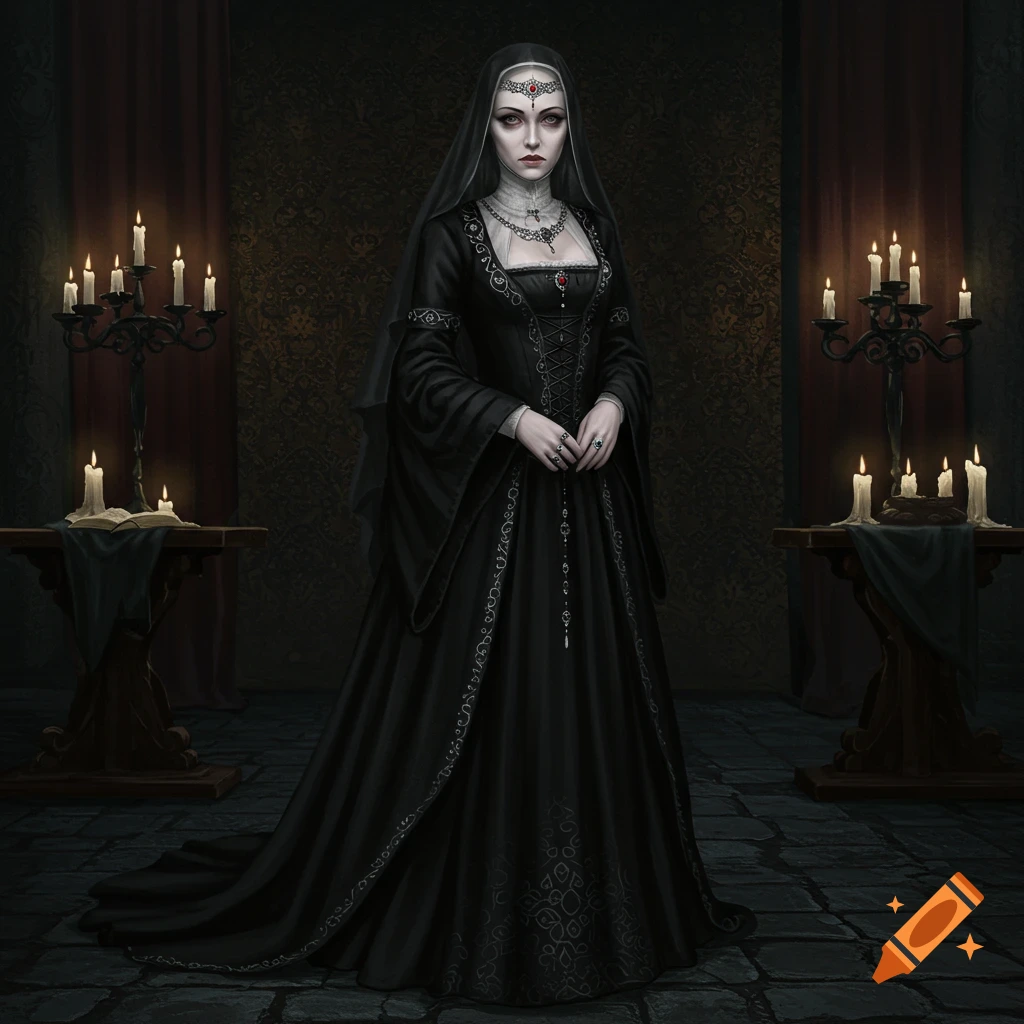 A stern gothic lady in a black medieval dress stands in a dimly lit ...