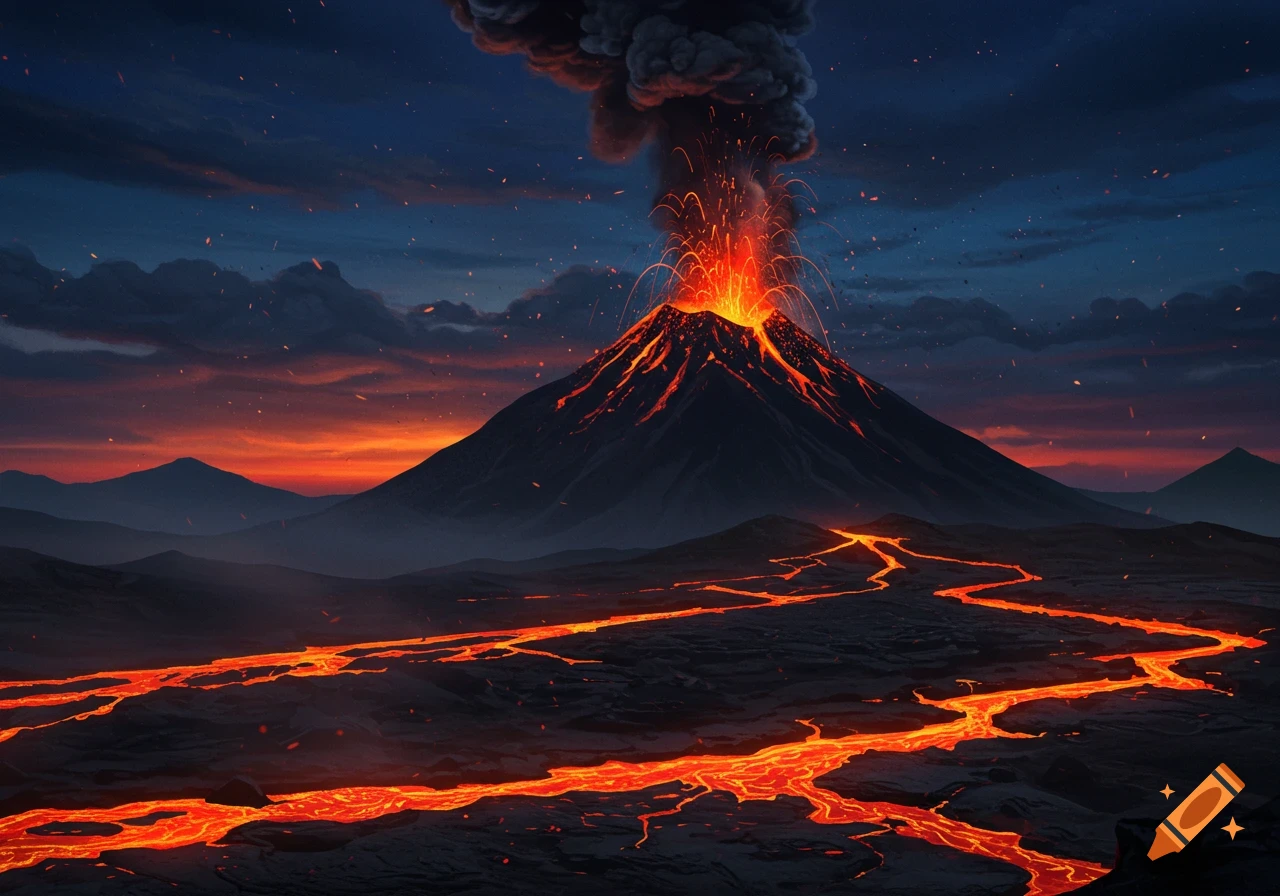 A dramatic scene of a volcano erupting with lava flowing across a dark landscape, under a fiery ...