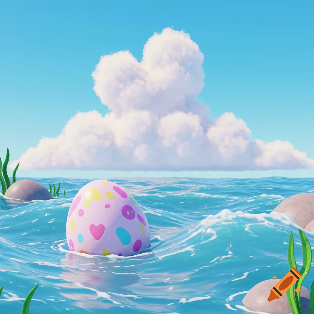 A cartoon-style decorated egg floats in the ocean waves under a blue ...