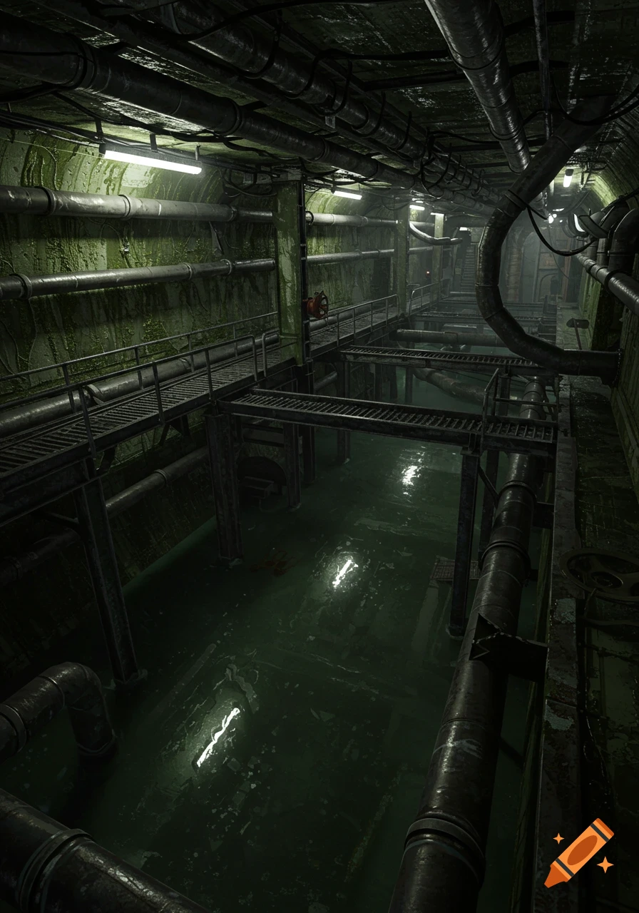 A dark, atmospheric view inside a vast, grimy sewer labyrinth with ...