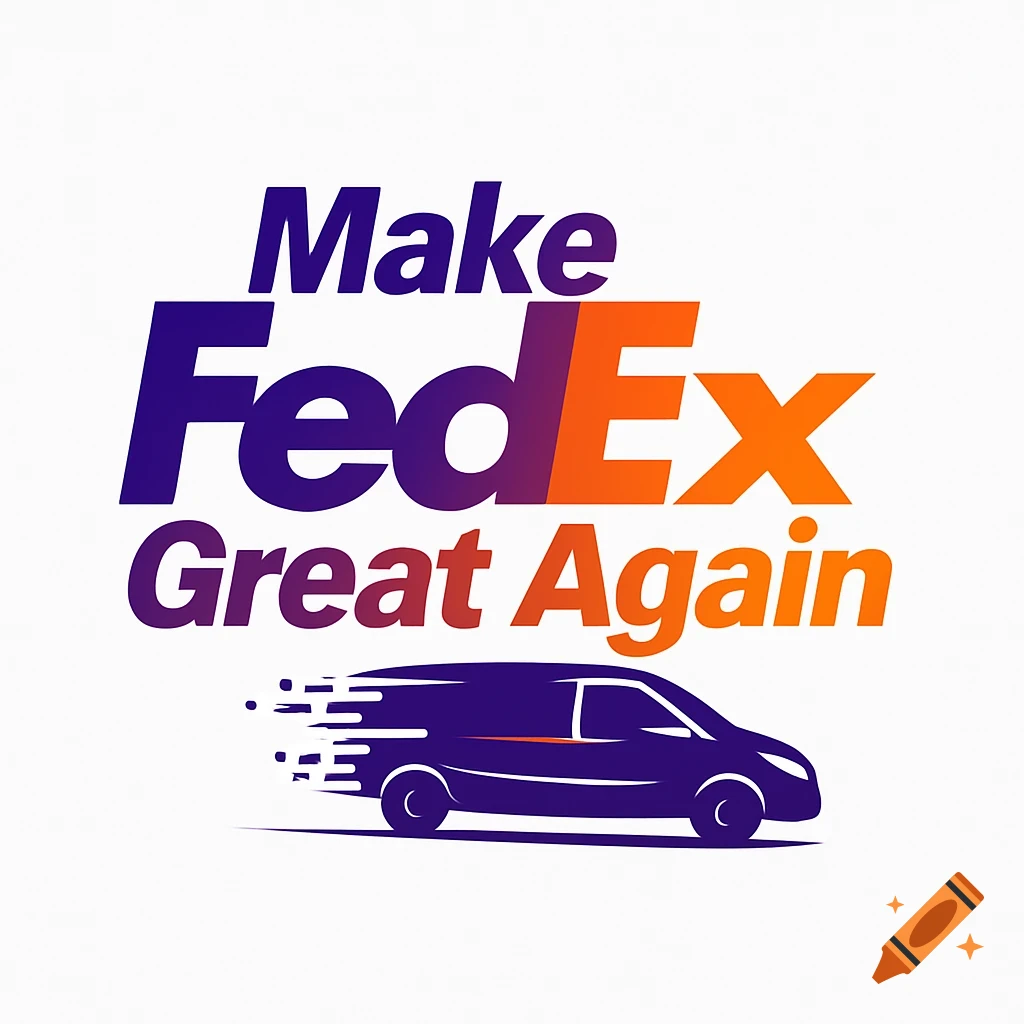 A digital logo reading 'Make FedEx Great Again' with a stylized purple ...