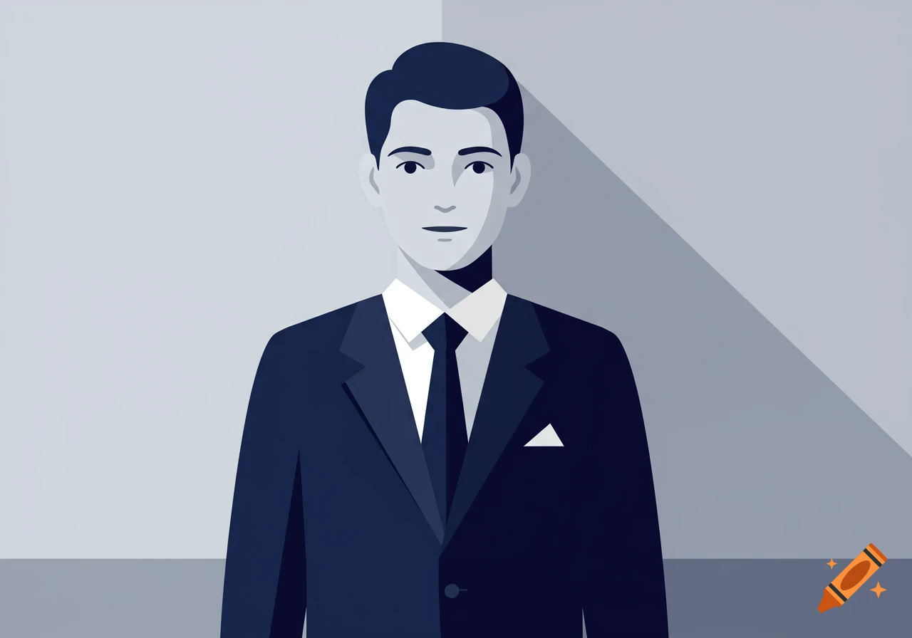 A minimalist flat design illustration of a man in a dark suit and tie ...