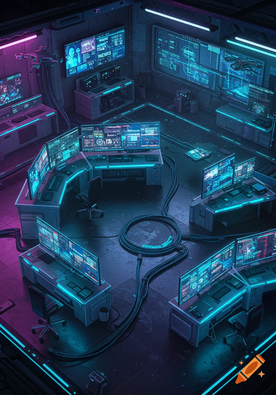 A gritty cyberpunk wall features glowing neon signs, exposed wires, and ...