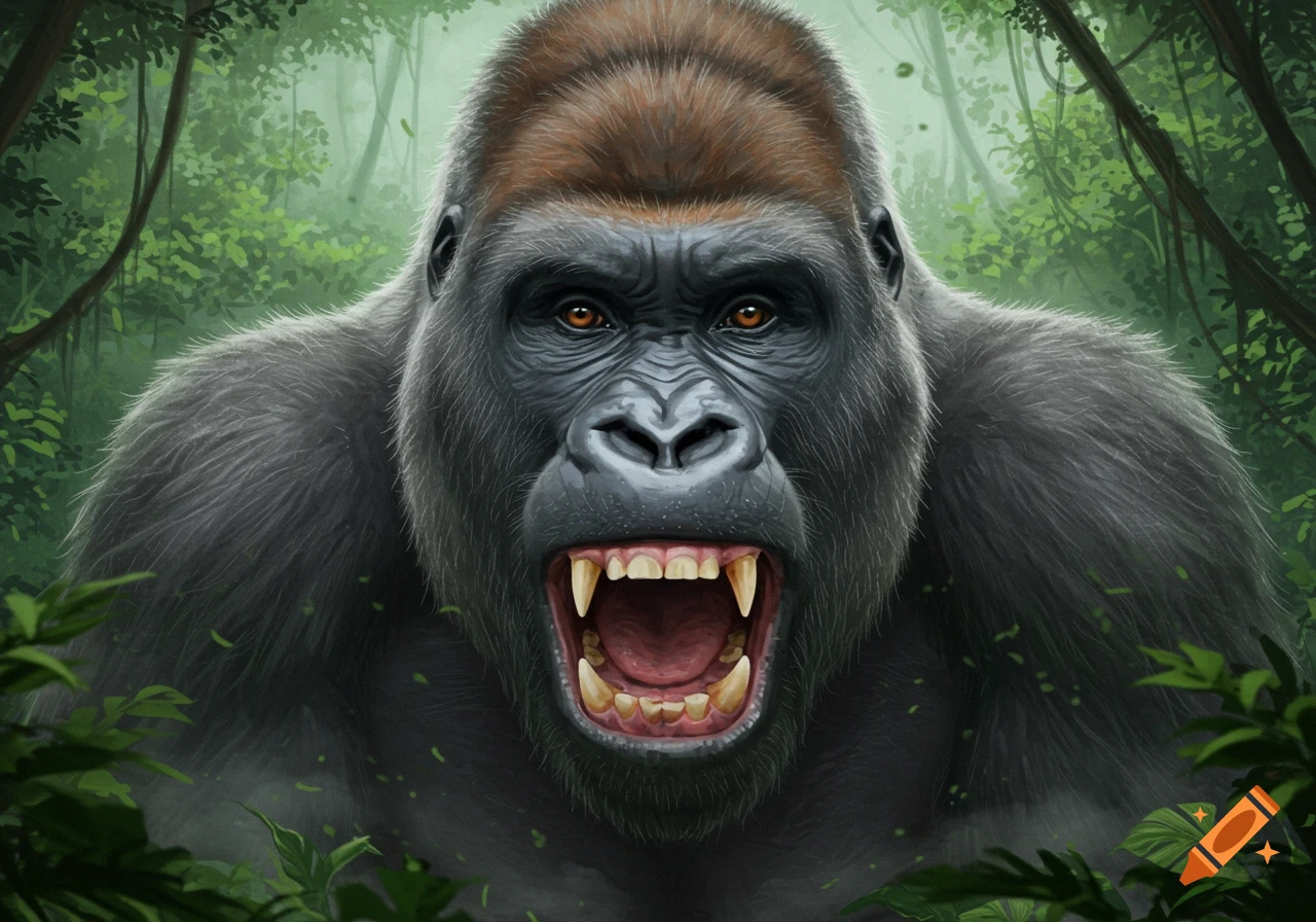 Close-up illustration of a roaring gorilla in a lush jungle, mouth open wide to show its large ...