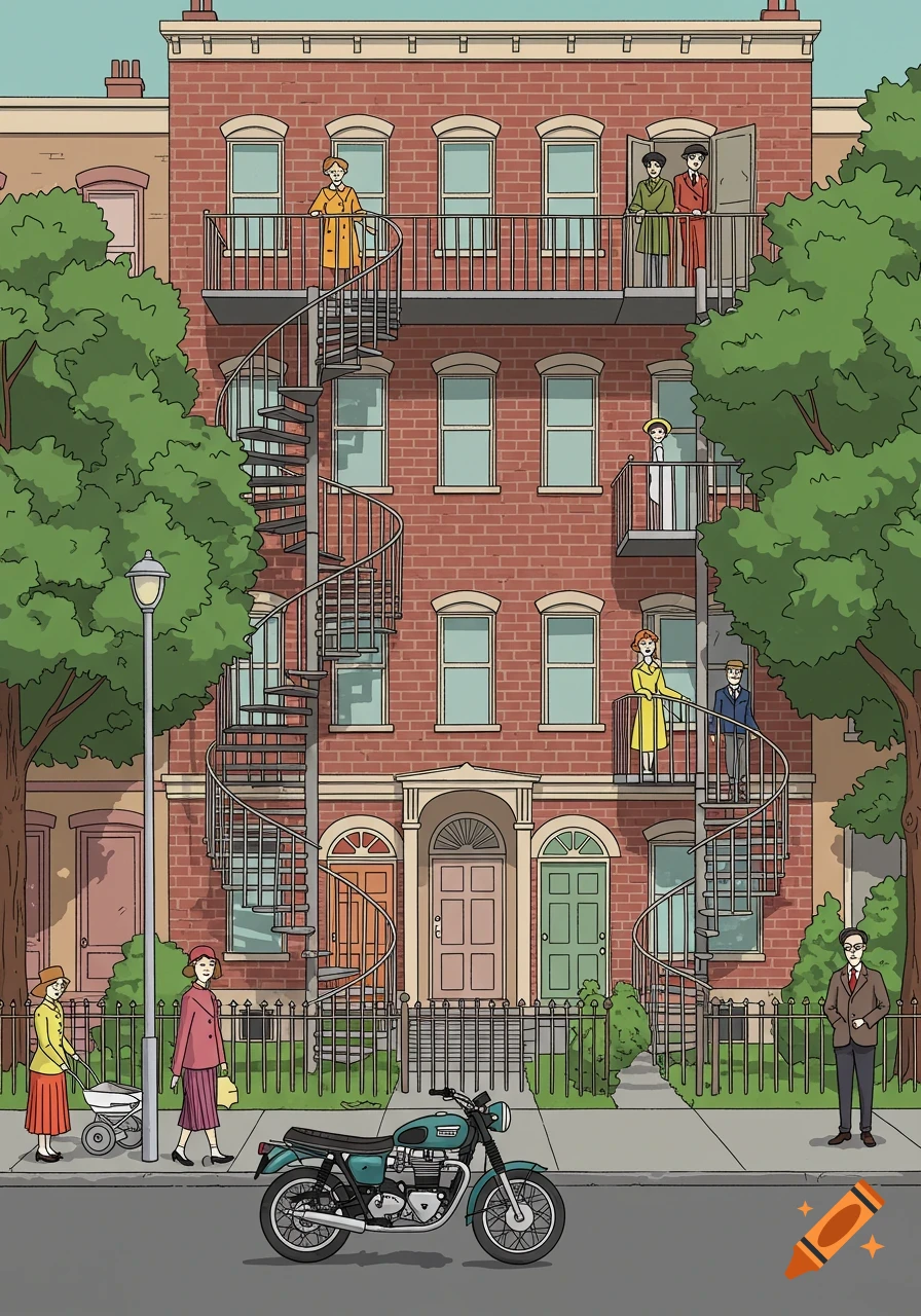 A whimsical, cartoon-style illustration of a red brick apartment ...