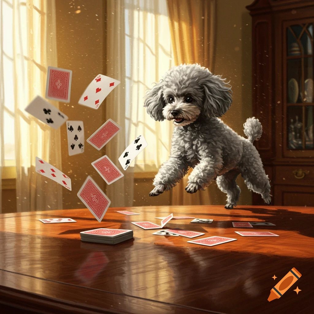 Four dogs of different breeds and colors sit in a row as a hand holds a ...